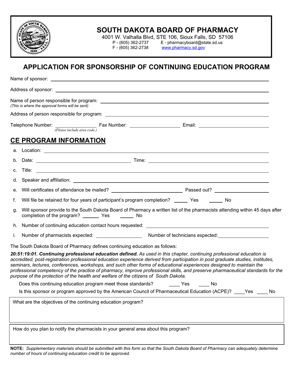 South Dakota Application for Sponsorship of Continuing Education ...