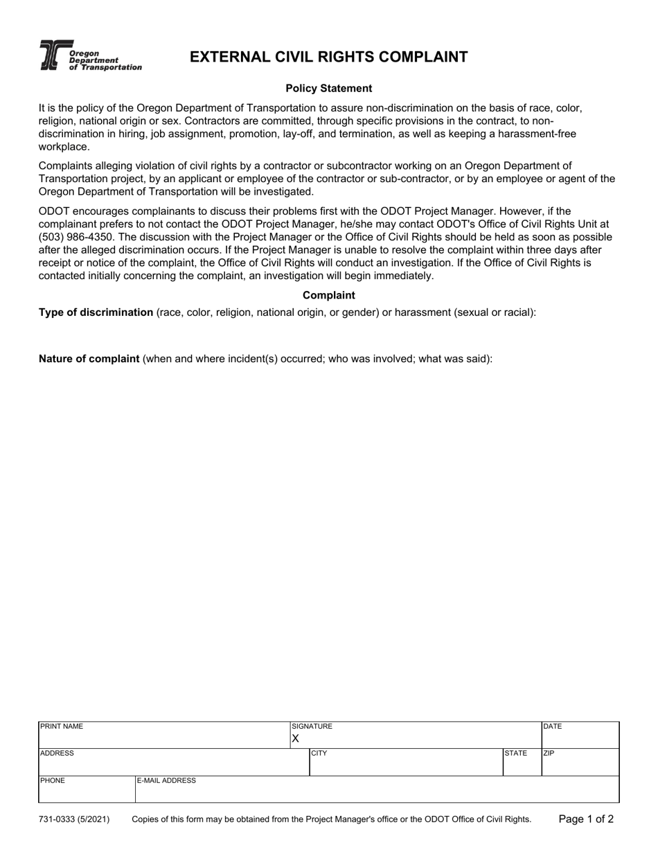 Form 731-0333 Download Fillable PDF or Fill Online External Civil ...