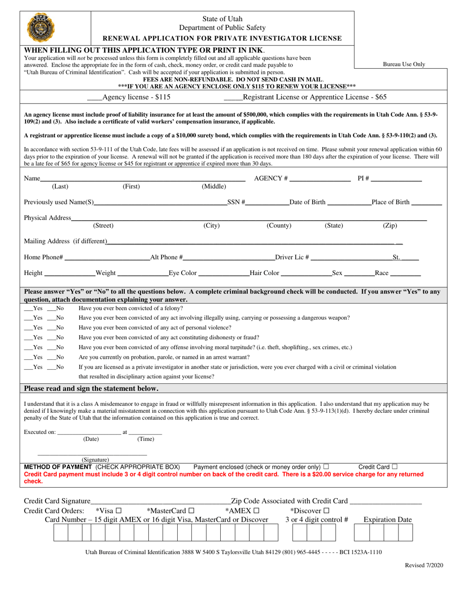 Utah Renewal Application for Private Investigator License Download ...