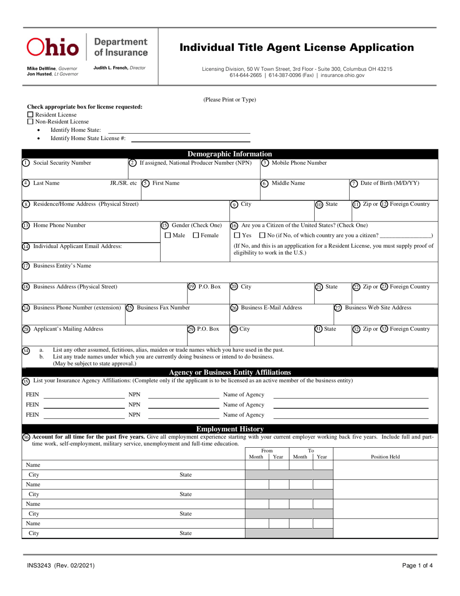 Form INS3243 Download Fillable PDF or Fill Online Individual Title ...