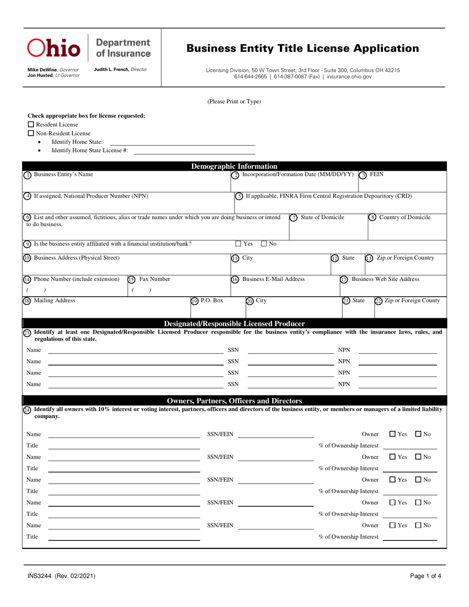 Form INS3244 Download Fillable PDF or Fill Online Business Entity Title ...