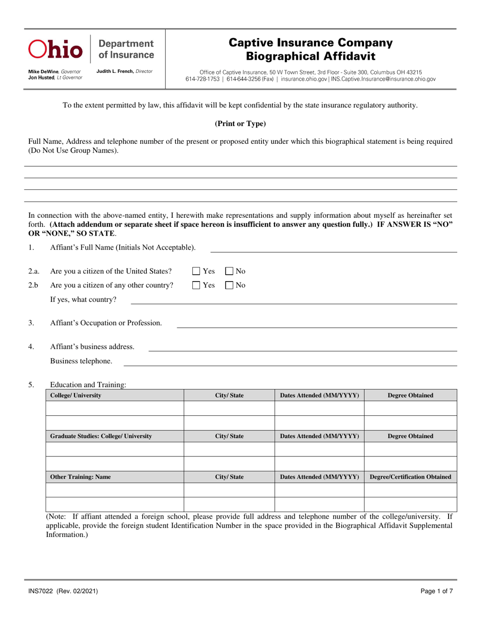 Form INS7022 Download Fillable PDF or Fill Online Captive Insurance ...