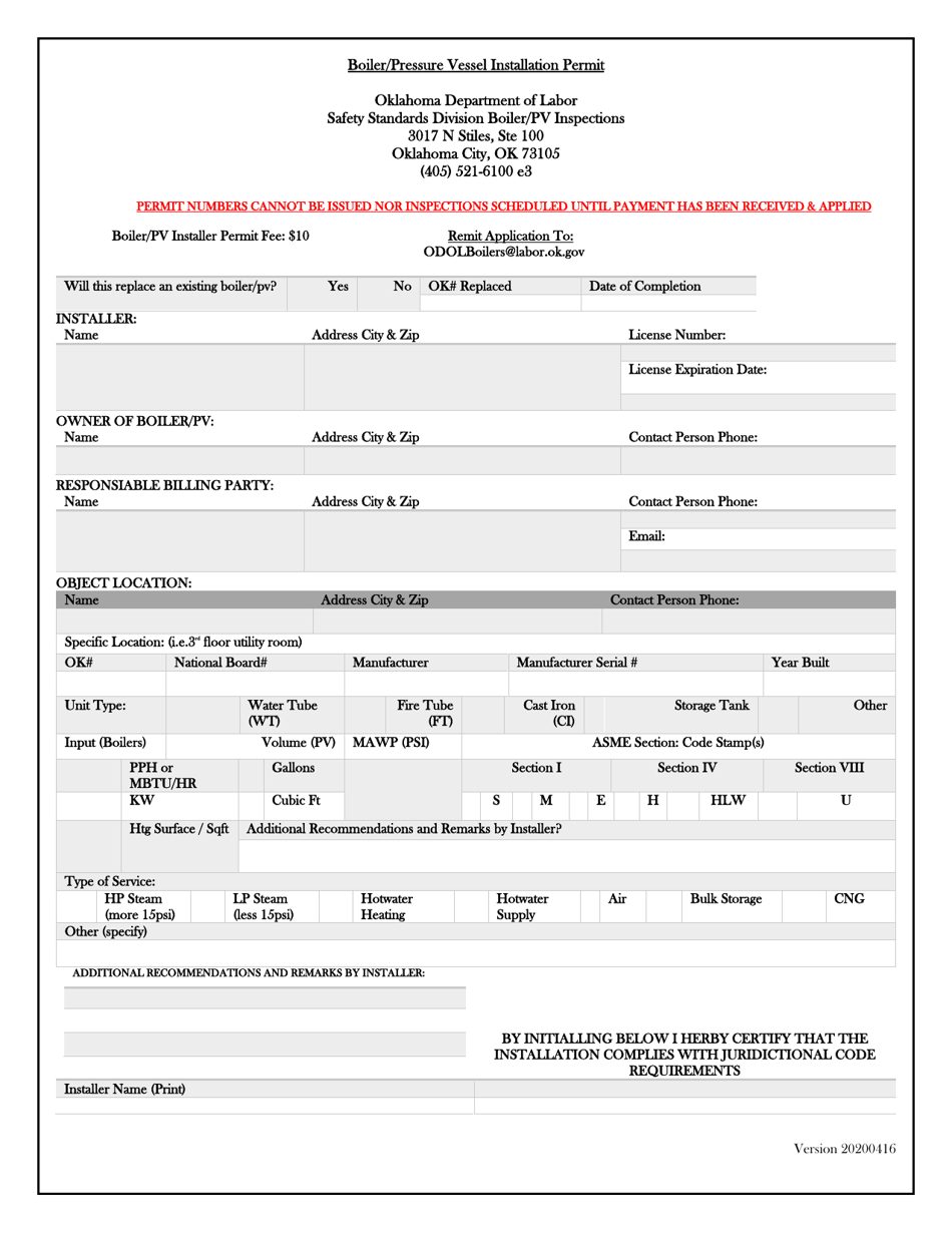 Oklahoma Boiler/Pressure Vessel Installation Permit - Fill Out, Sign ...