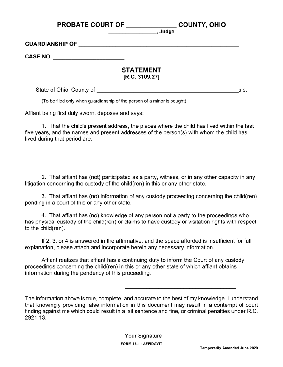Form 16.1 Download Printable PDF or Fill Online Affidavit, Ohio 2008 ...