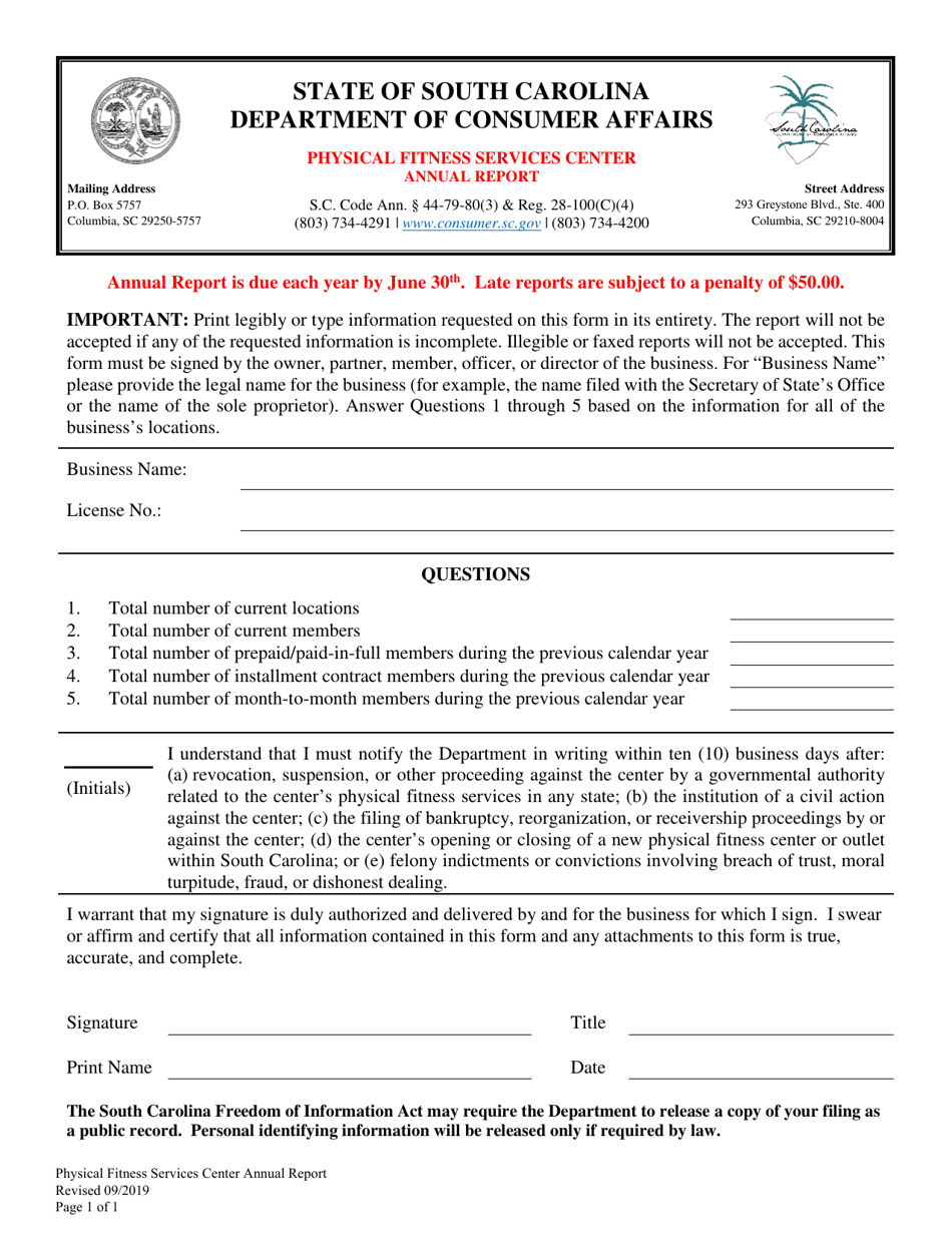 South Carolina Physical Fitness Services Center Annual Report - Fill ...