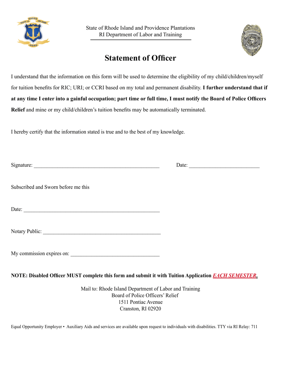Rhode Island Statement of Officer - Fill Out, Sign Online and Download ...