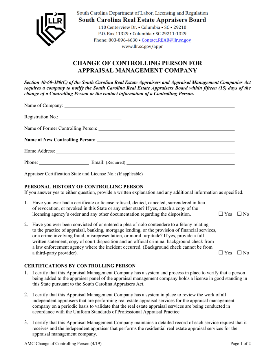 South Carolina Change of Controlling Person for Appraisal Management ...