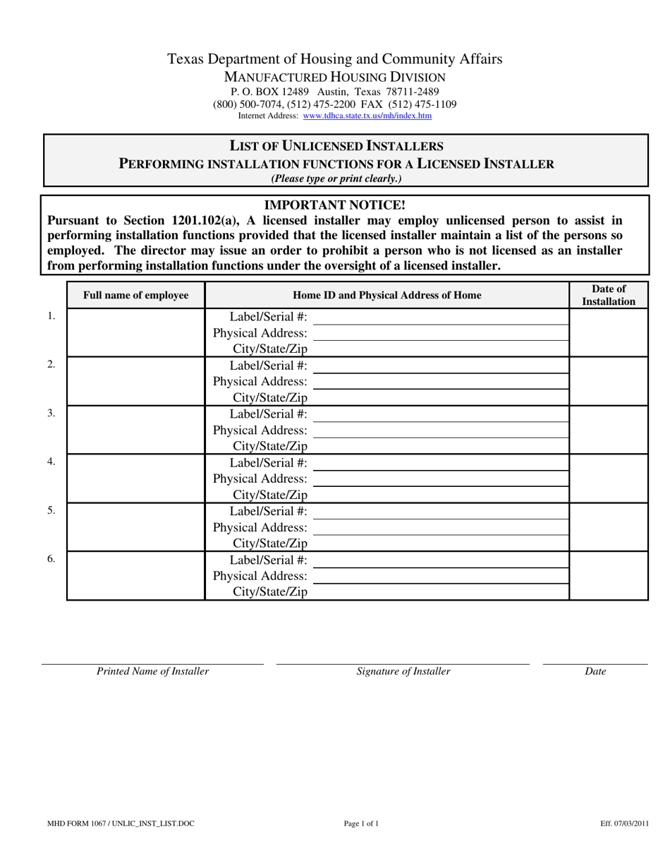 MHD Form 1067 - Fill Out, Sign Online and Download Printable PDF, Texas ...