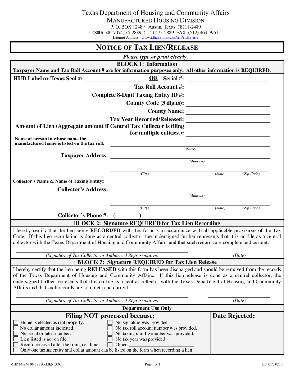 MHD Form 1045 - Fill Out, Sign Online and Download Fillable PDF, Texas ...