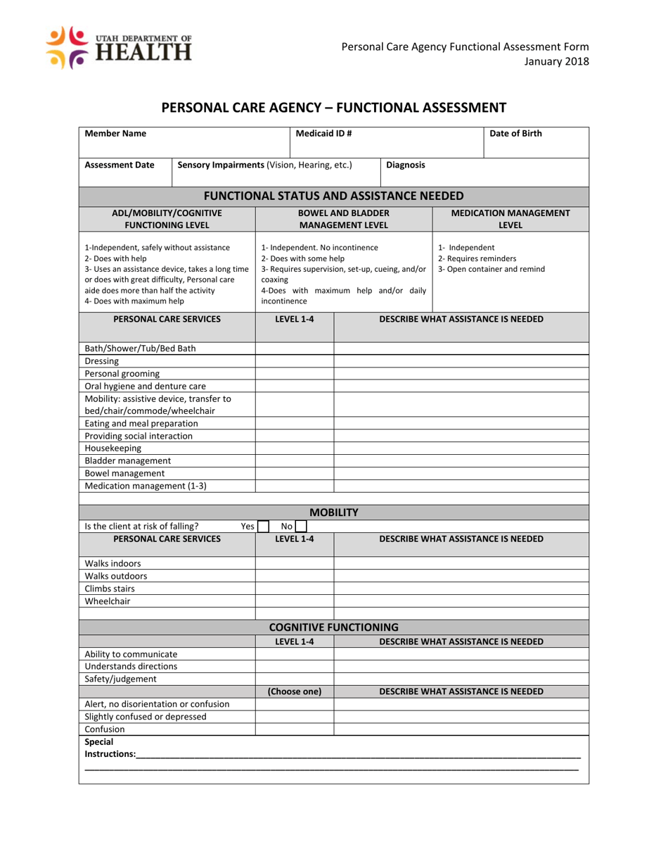 Utah Personal Care Agency - Functional Assessment - Fill Out, Sign ...