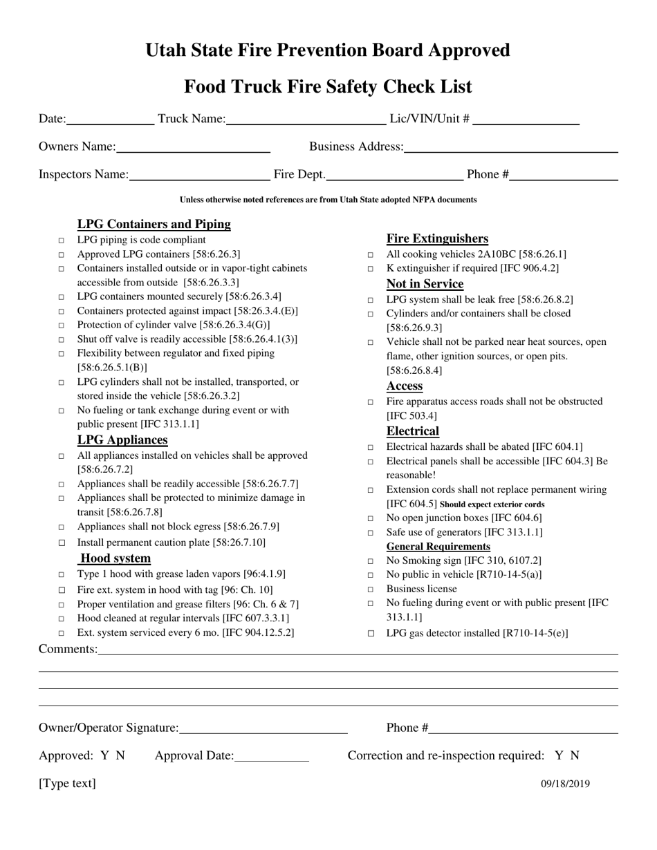 Utah Food Truck Fire Safety Checklist - Fill Out, Sign Online and ...