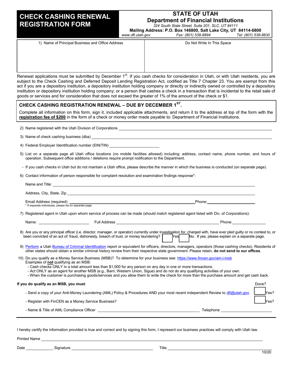Utah Check Cashing Renewal Registration Form - Fill Out, Sign Online ...