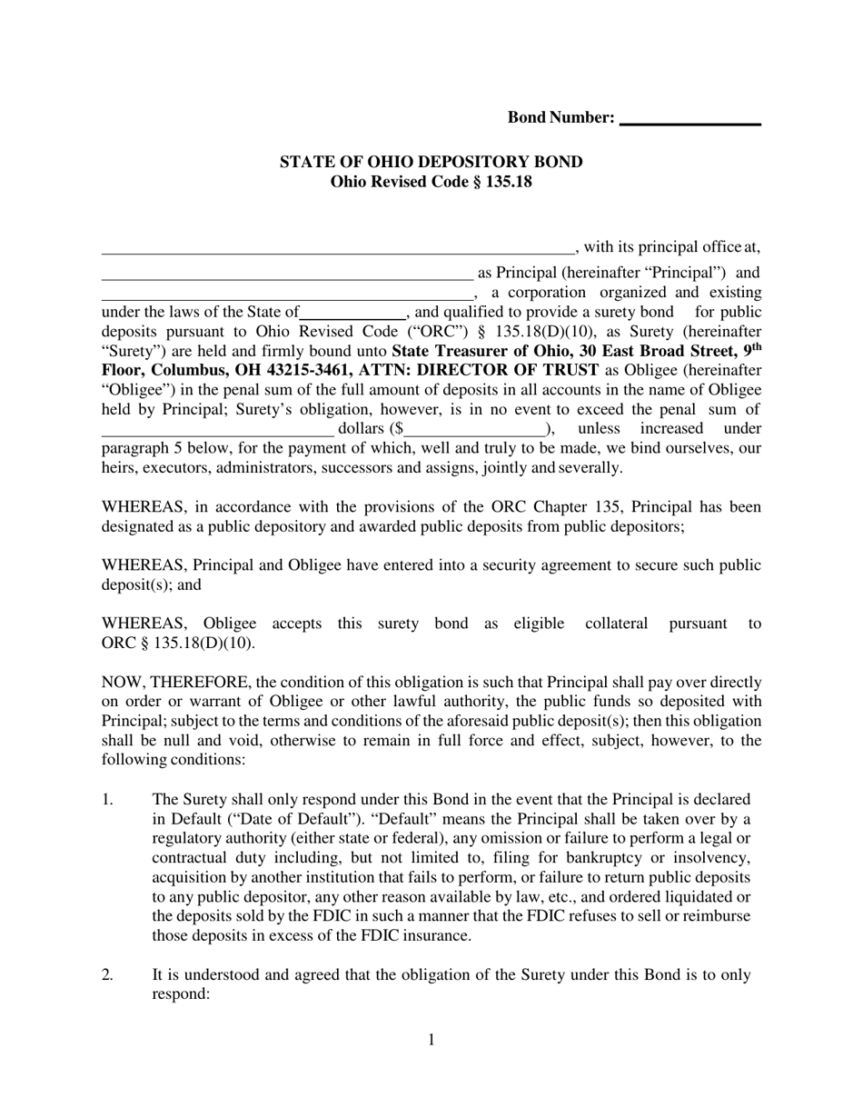 Ohio State of Ohio Depository Bond - Fill Out, Sign Online and Download ...