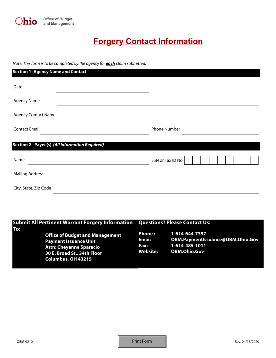 Form OBM-0210 - Fill Out, Sign Online and Download Fillable PDF, Ohio ...