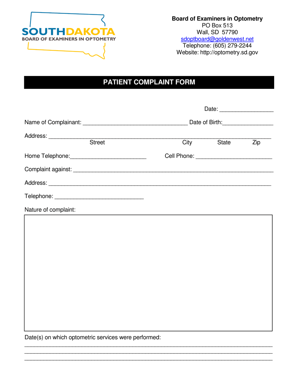South Dakota Patient Complaint Form - Board of Examiners in Optometry ...