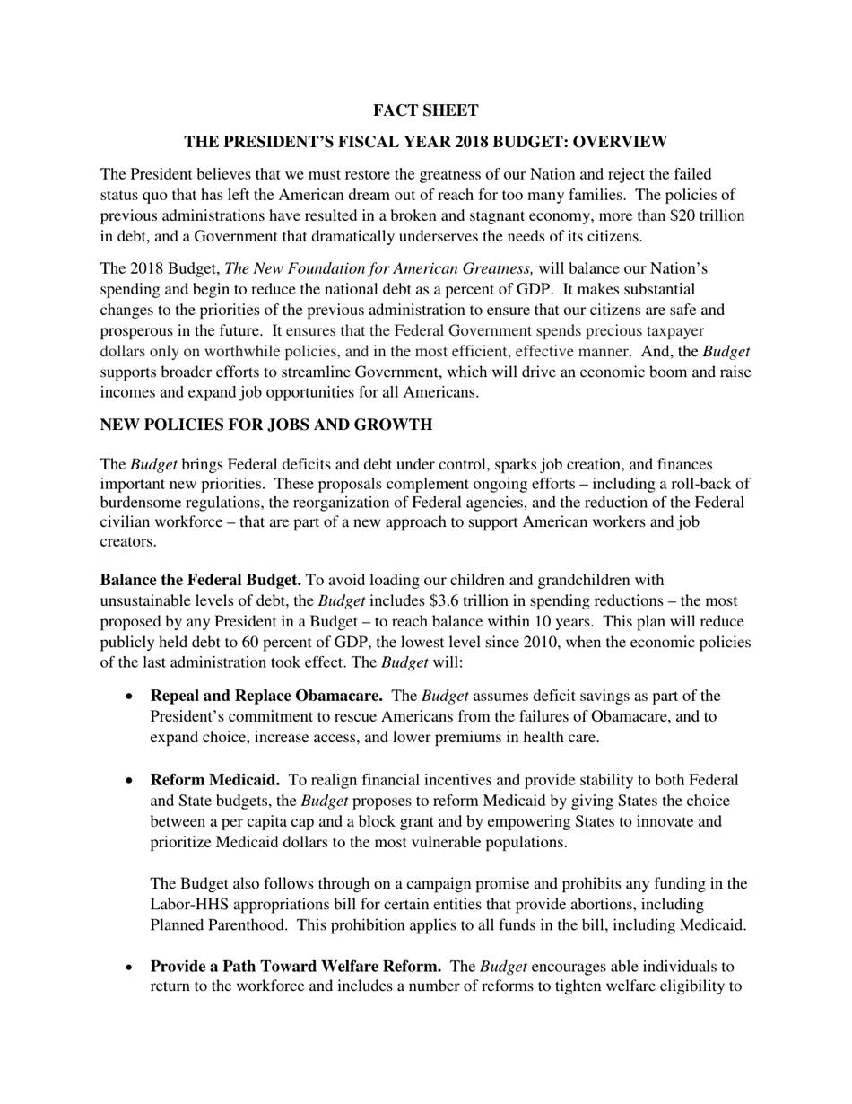 Fact Sheet: the President's Budget for Fiscal Year 2018 - Fill Out ...
