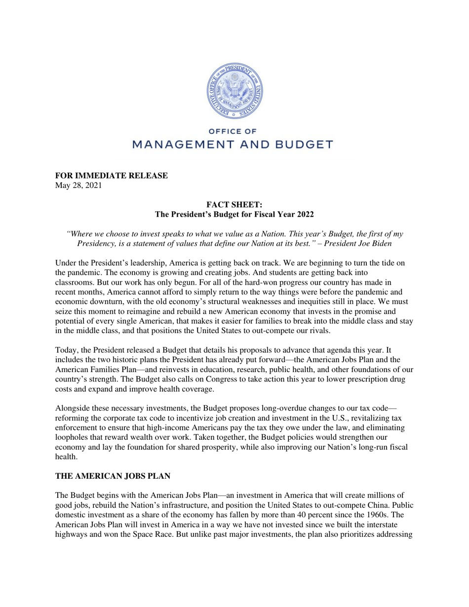 Fact Sheet: the President's Budget for Fiscal Year 2022 - Fill Out ...