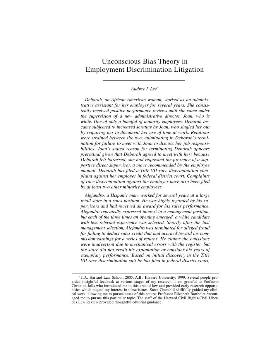 Unconscious Bias Theory in Employment Discrimination Litigation ...