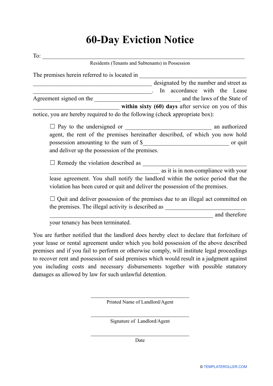 60 day Notice Template Download Printable PDF Templateroller