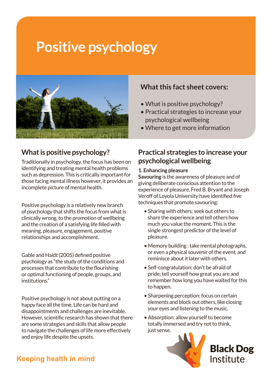 Positive Psychology Fact Sheet - Black Dog Institute Download Printable ...
