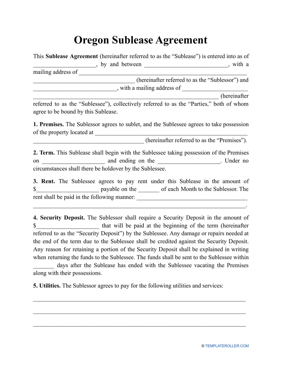 Oregon Sublease Agreement Template - Fill Out, Sign Online and Download PDF | Templateroller