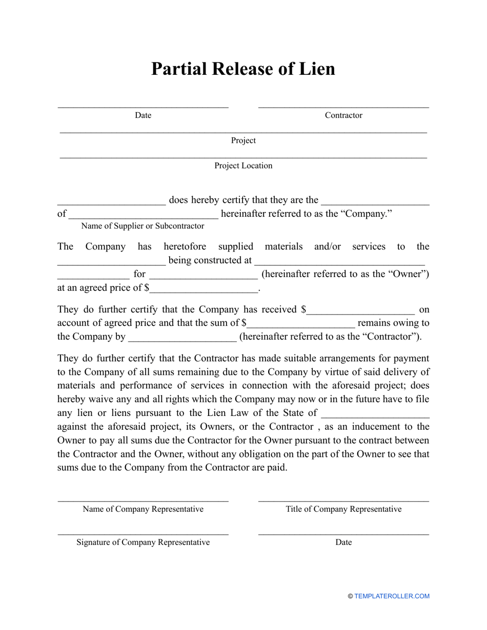 Partial Release Of Lien Form Download Printable PDF Templateroller