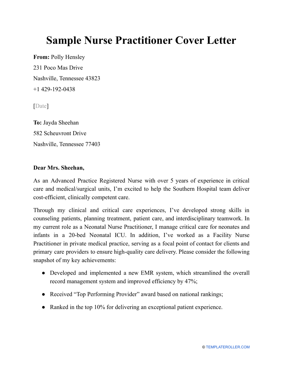 Sample Nurse Practitioner Cover Letter Download Printable PDF 