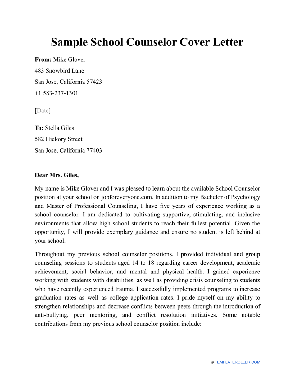 Sample School Counselor Cover Letter Download Printable PDF 
