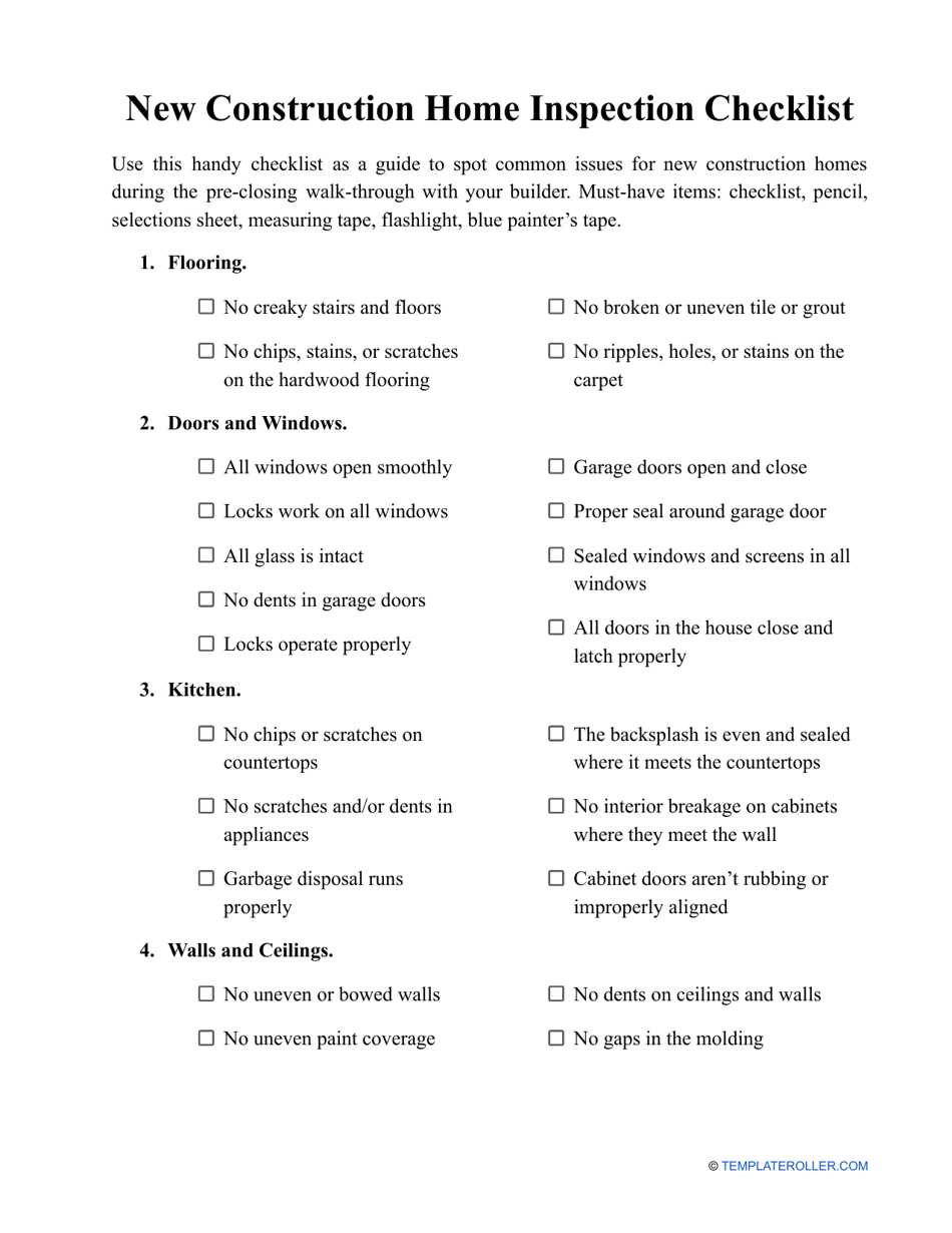 New Home Construction Checklist Sheets