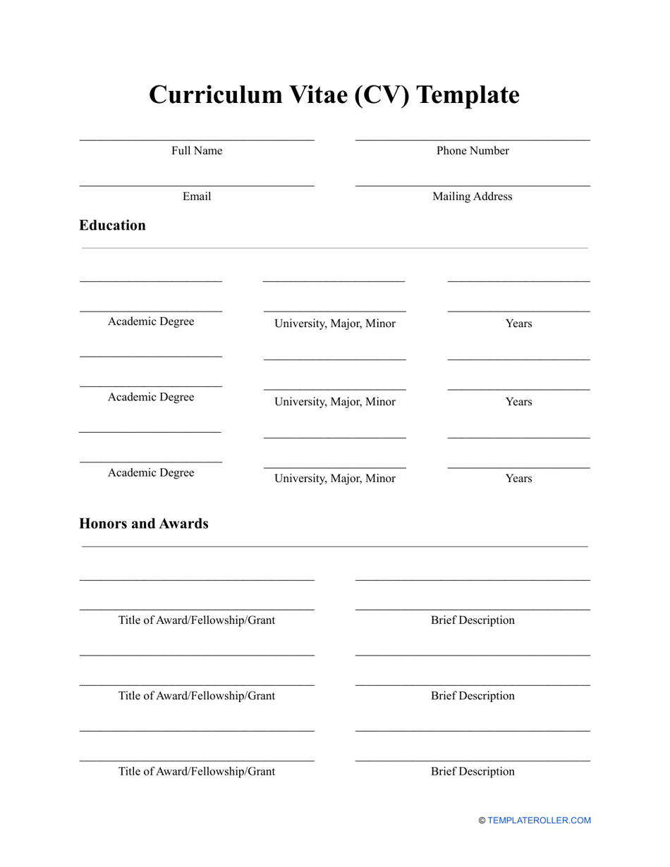 Curriculum Vitae (Cv) Template Download Printable PDF | Templateroller