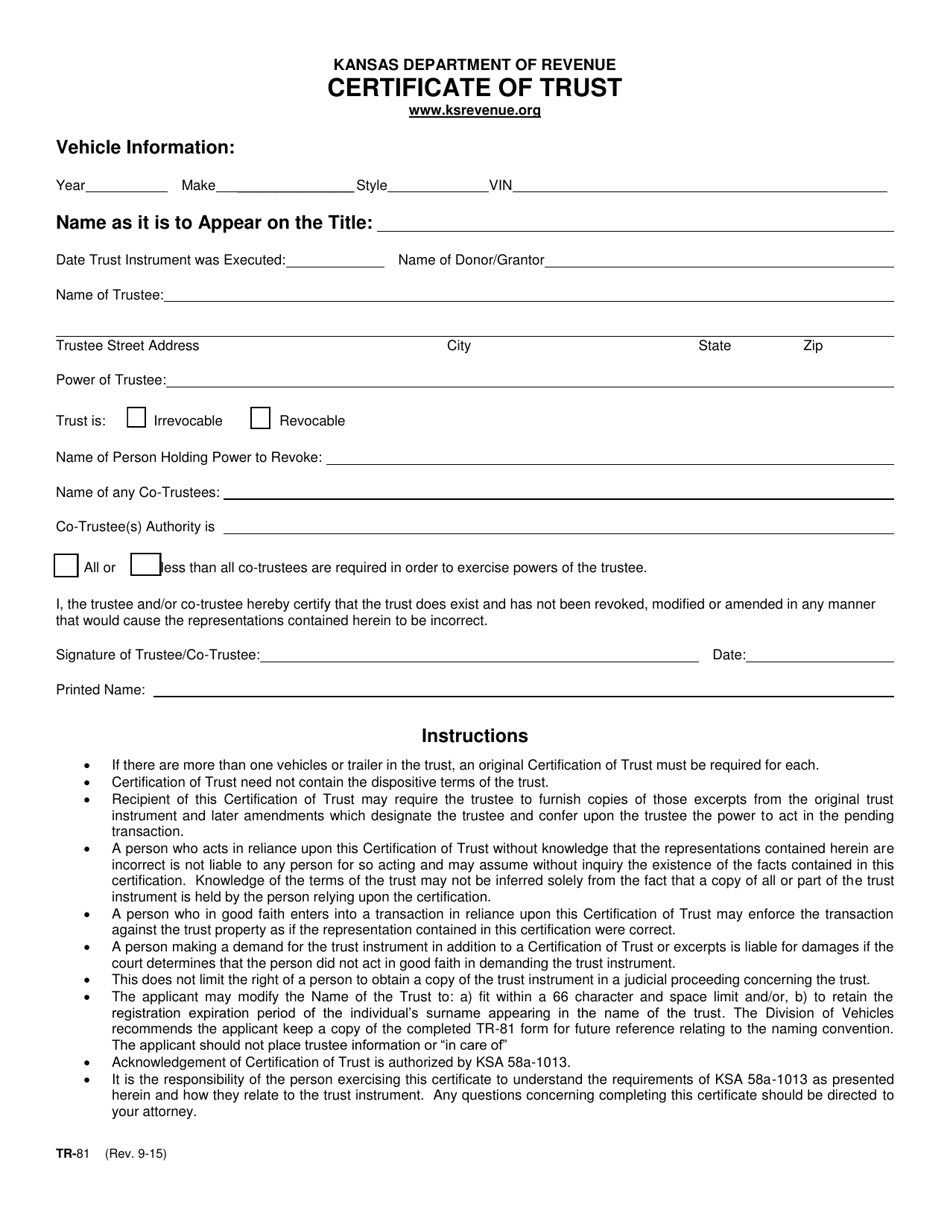 Form TR-81 - Fill Out, Sign Online and Download Fillable PDF, Kansas ...