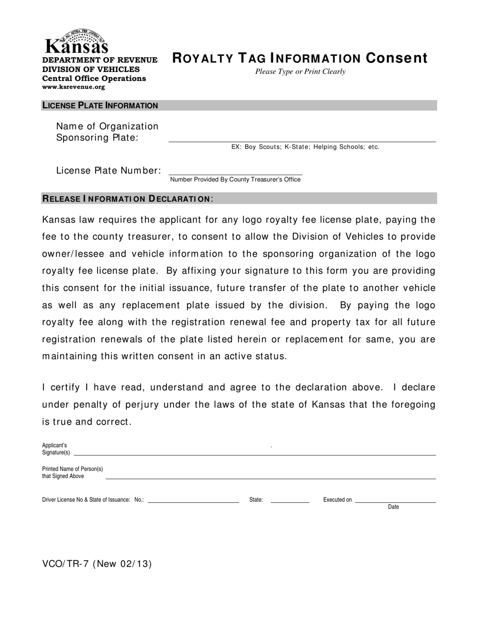 Form VCO/TR-7 - Fill Out, Sign Online and Download Fillable PDF, Kansas ...