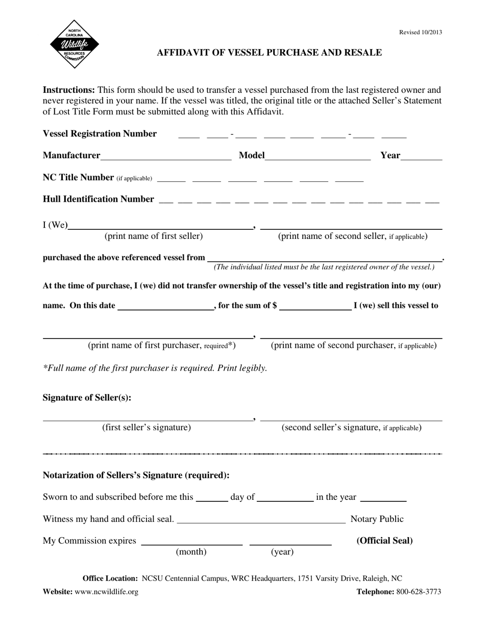North Carolina Affidavit of Vessel Purchase and Resale - Fill Out, Sign Online and Download PDF ...