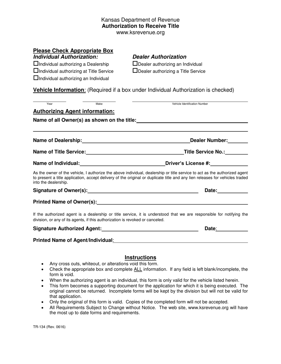 Form TR-134 - Fill Out, Sign Online and Download Fillable PDF, Kansas ...