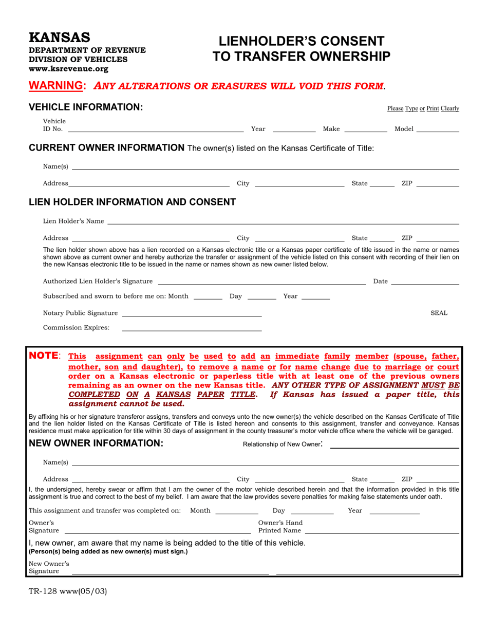 Form TR-128 - Fill Out, Sign Online and Download Fillable PDF, Kansas ...