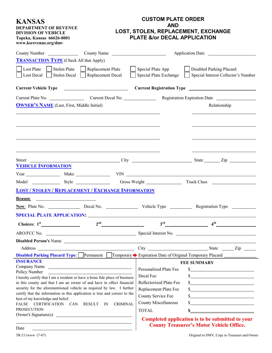 Form TR-211 - Fill Out, Sign Online and Download Fillable PDF, Kansas ...