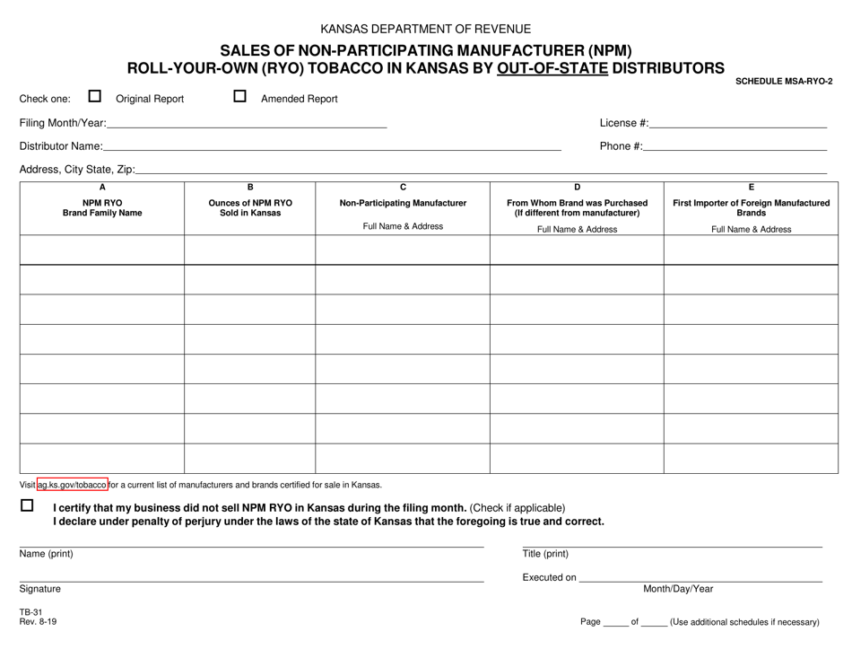Form TB-31 Schedule MSA-RYO-2 Download Fillable PDF or Fill Online ...