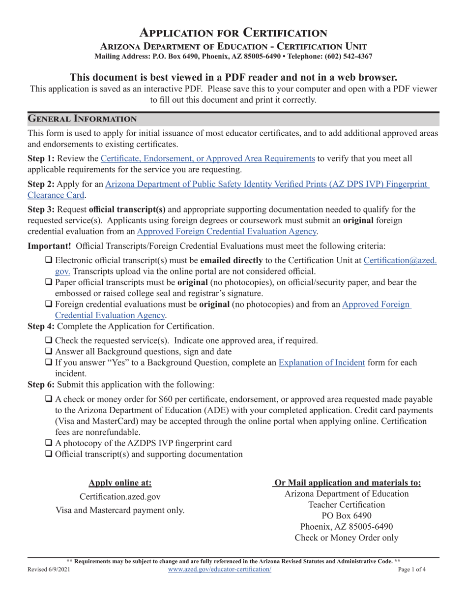 Arizona Application for Certification Download Printable PDF ...