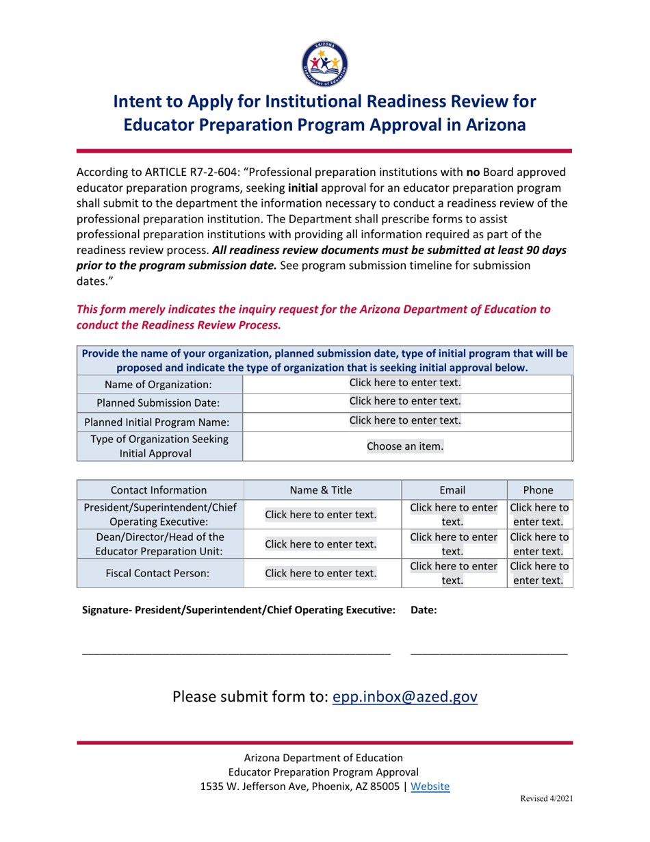 Arizona Intent to Apply for Institutional Readiness Review for Educator ...