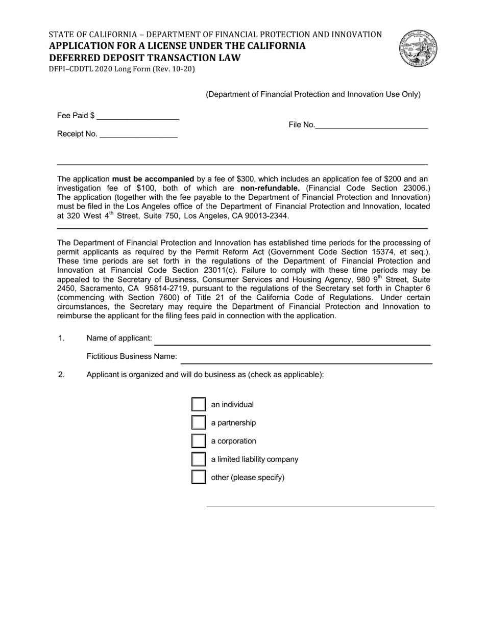 Form DFPI-CDDTL2020 - Fill Out, Sign Online and Download Fillable PDF ...