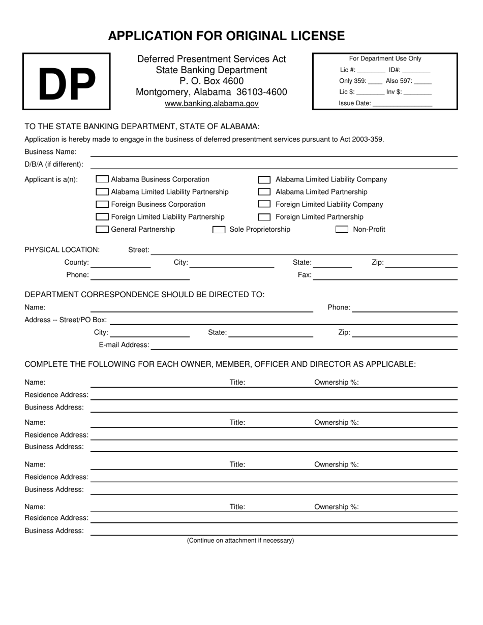 Alabama Deferred Presentment Original License Application - Fill Out ...