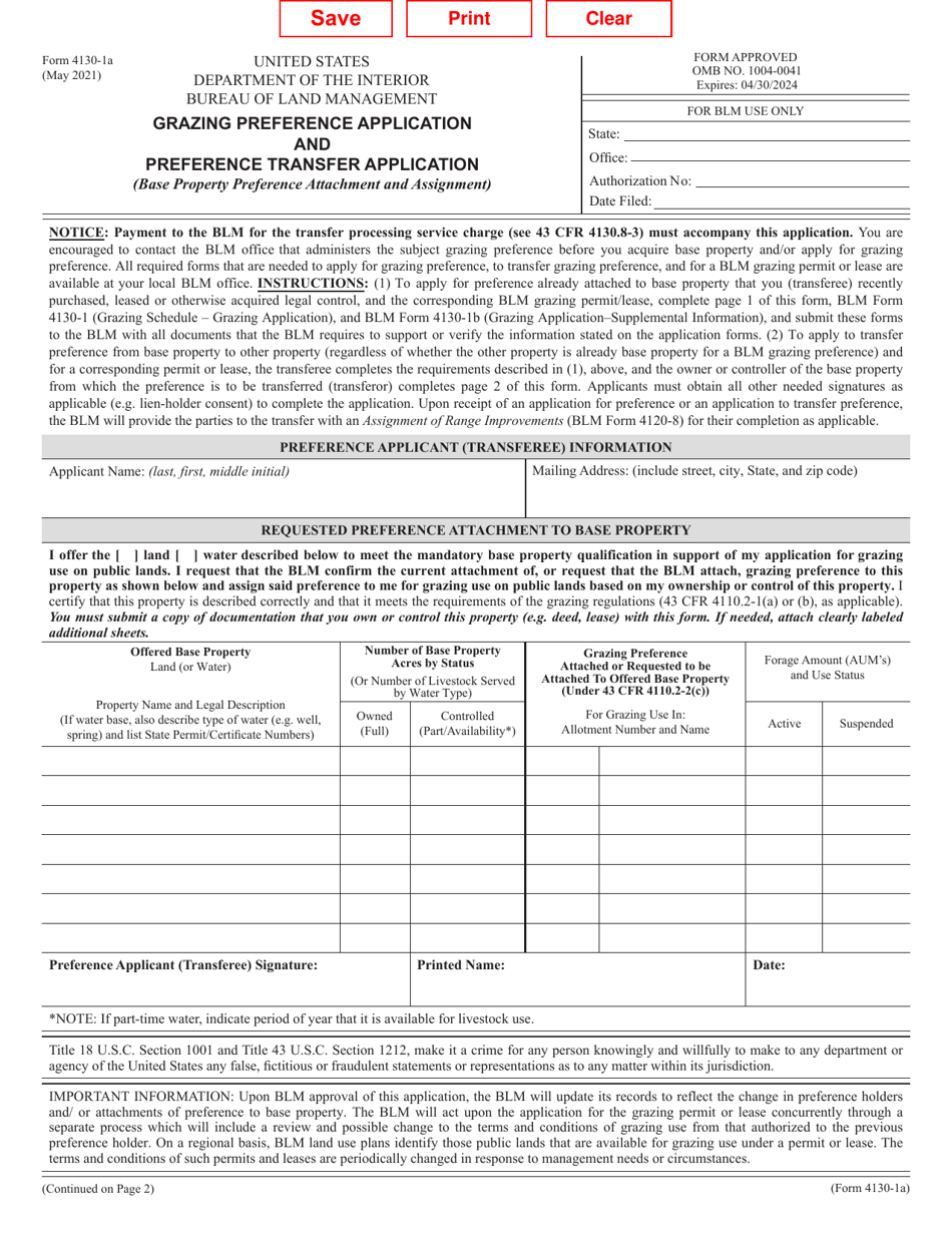 BLM Form 4130-1A Download Fillable PDF or Fill Online Grazing ...