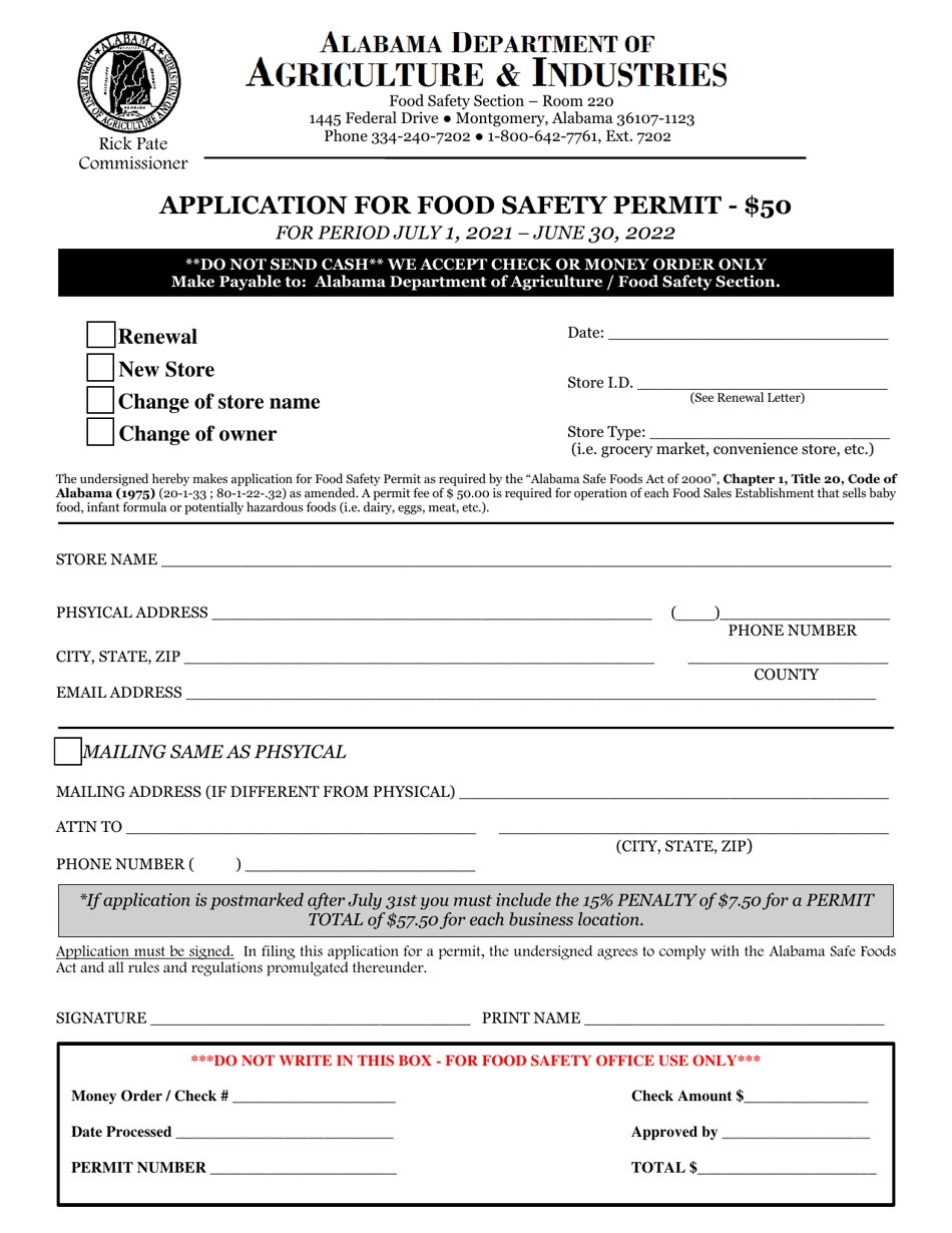 2022 Alabama Application for Food Safety Permit Download Fillable PDF ...