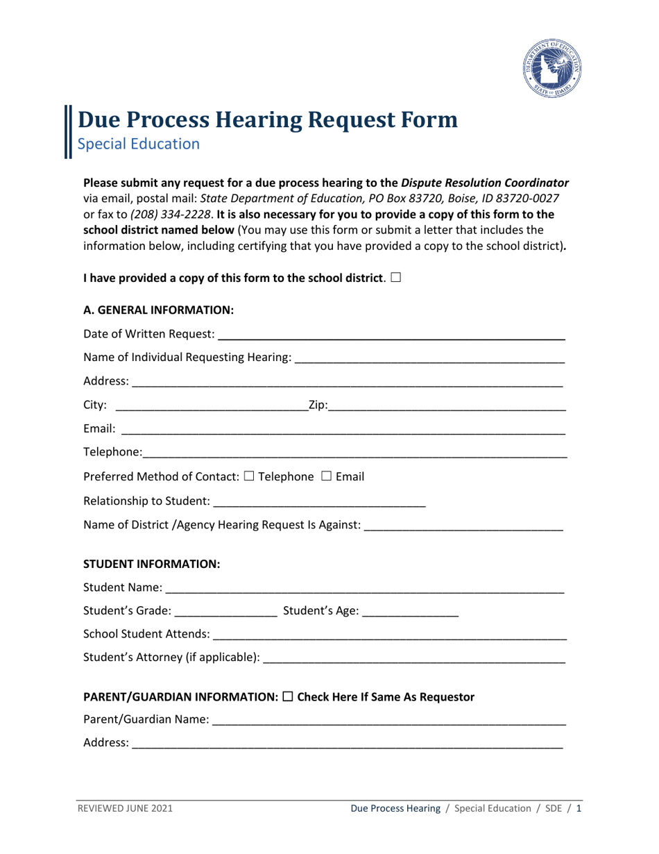 Idaho Due Process Hearing Request Form Download Printable PDF ...
