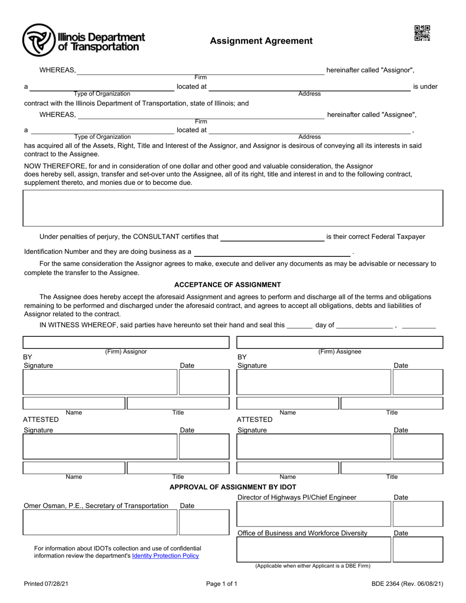 Form BDE2364 Download Fillable PDF or Fill Online Assignment Agreement ...