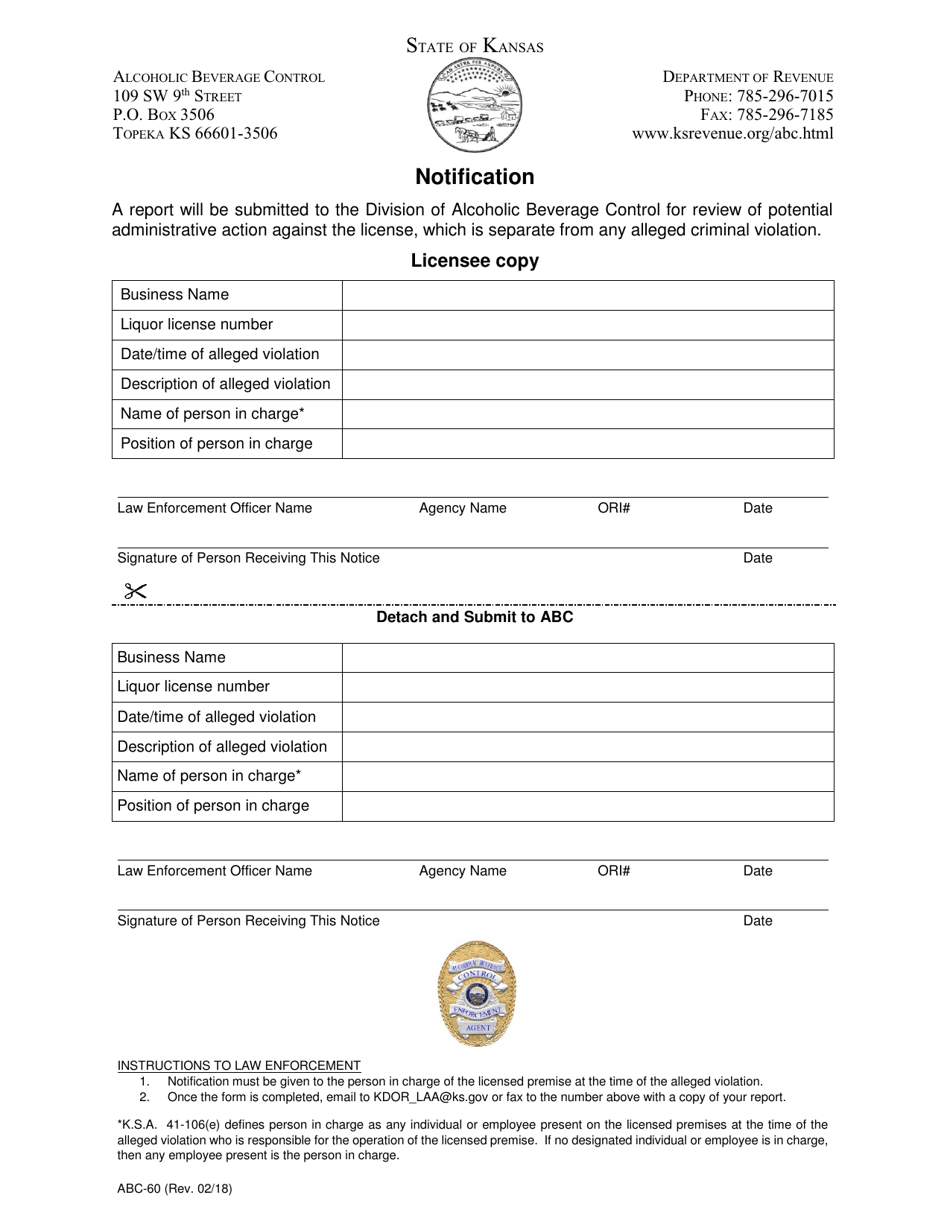 Form ABC-60 - Fill Out, Sign Online and Download Fillable PDF, Kansas ...