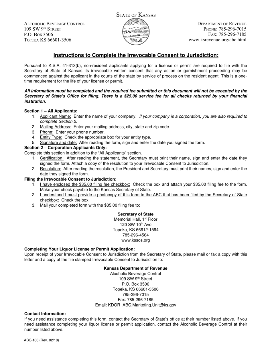 Form ABC-160 - Fill Out, Sign Online and Download Fillable PDF, Kansas ...