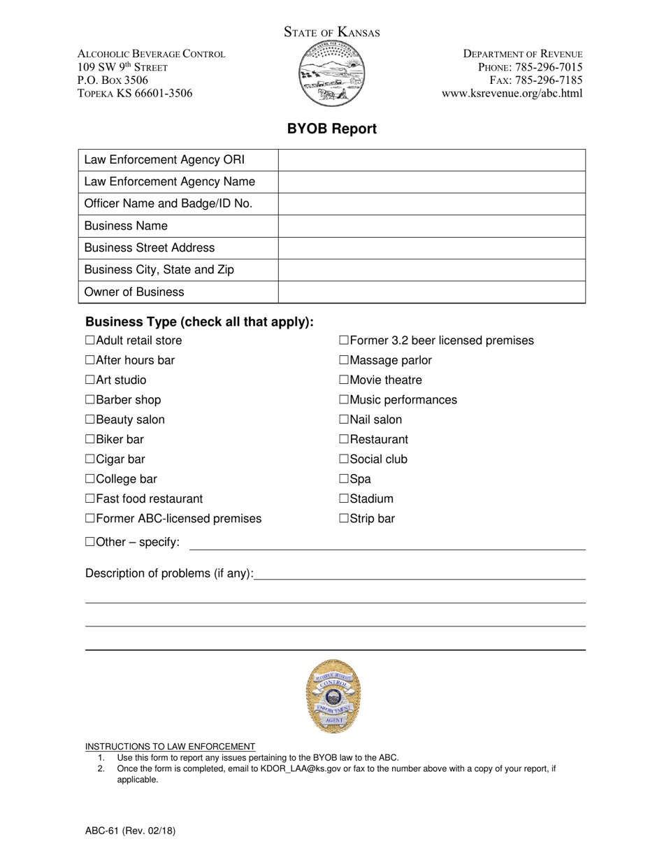 Form ABC-61 - Fill Out, Sign Online and Download Fillable PDF, Kansas ...