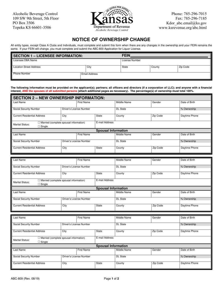 Form ABC-809 - Fill Out, Sign Online and Download Fillable PDF, Kansas ...