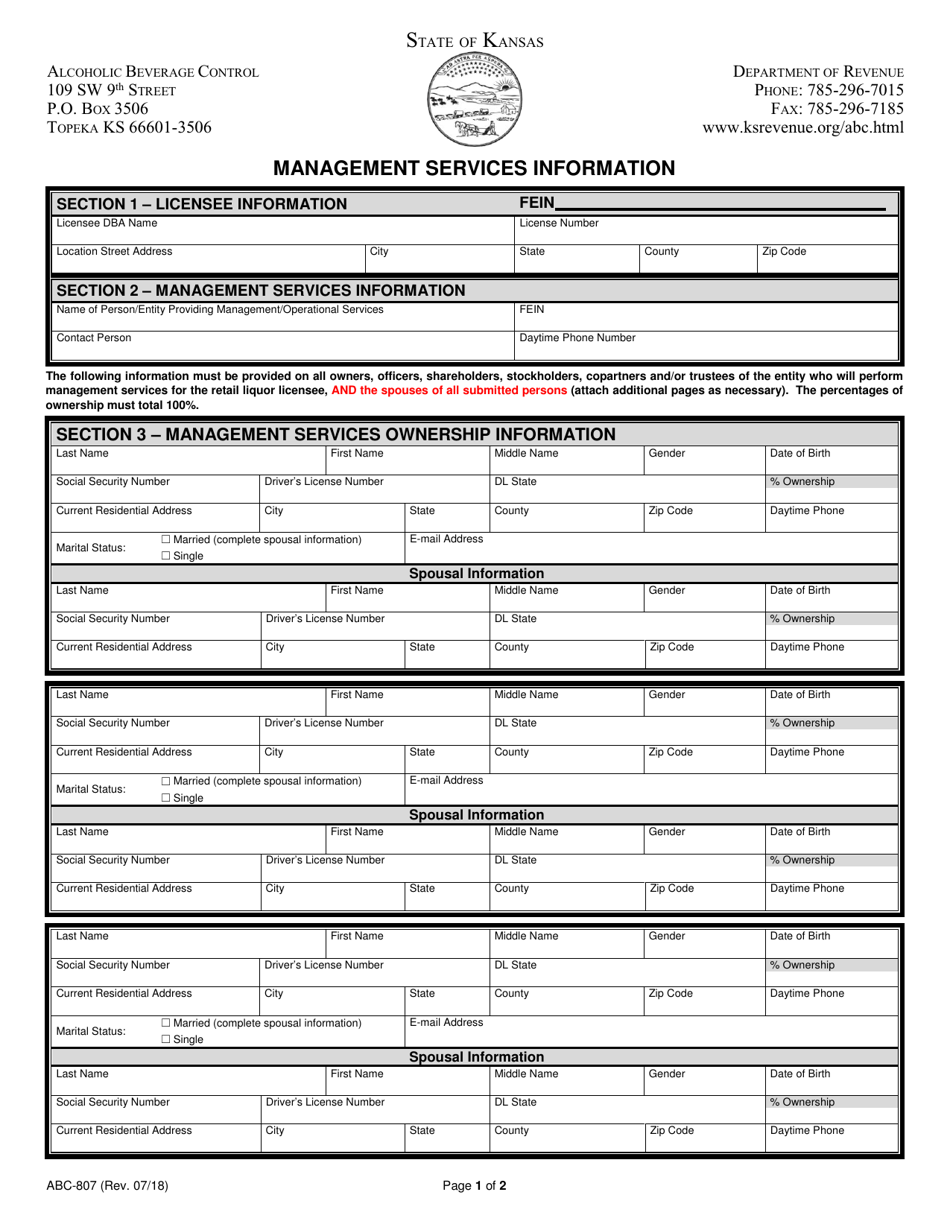 Form ABC-807 - Fill Out, Sign Online and Download Fillable PDF, Kansas ...